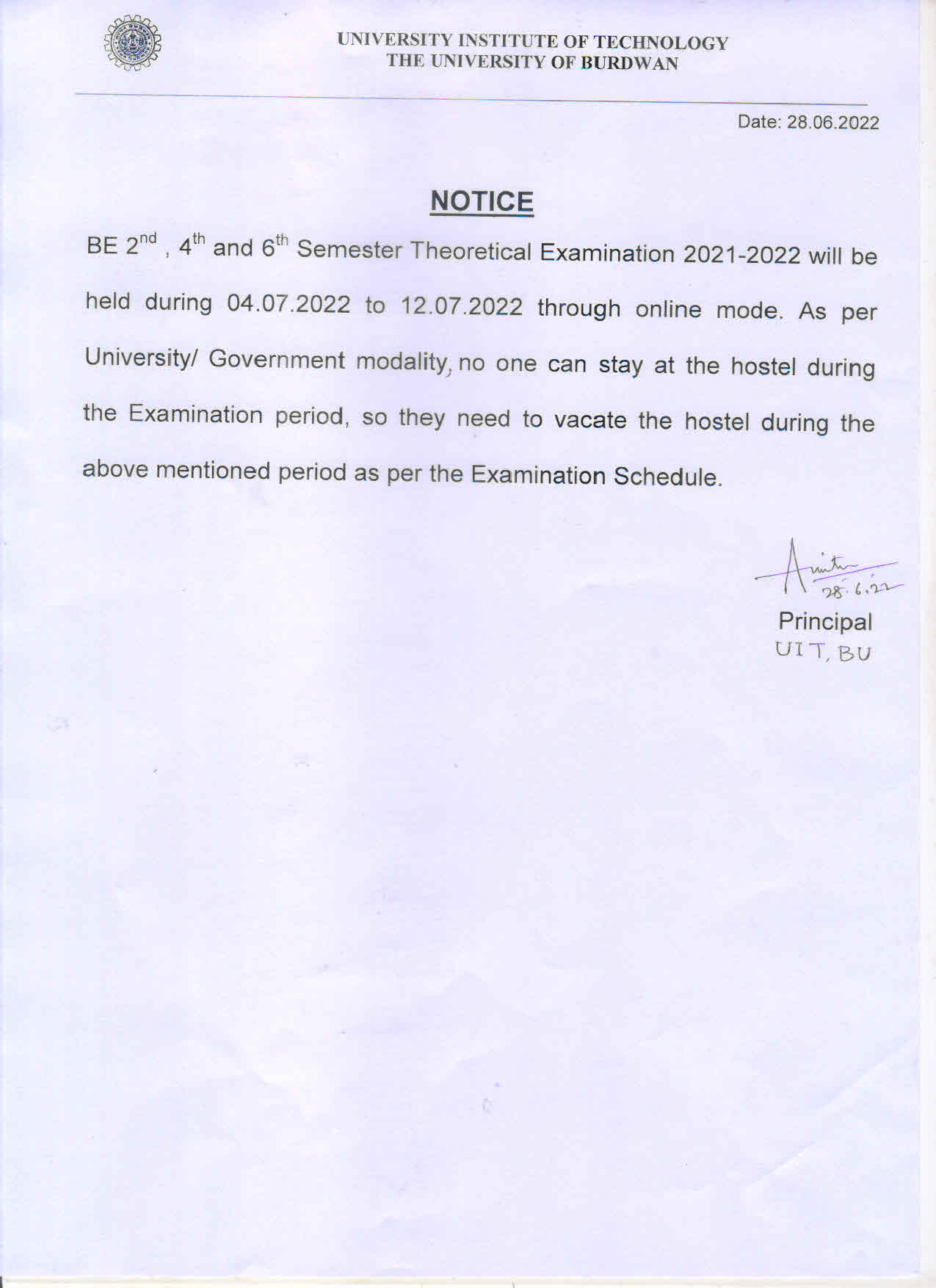 Notice and Circular of the institute - UIT, Burdwan University