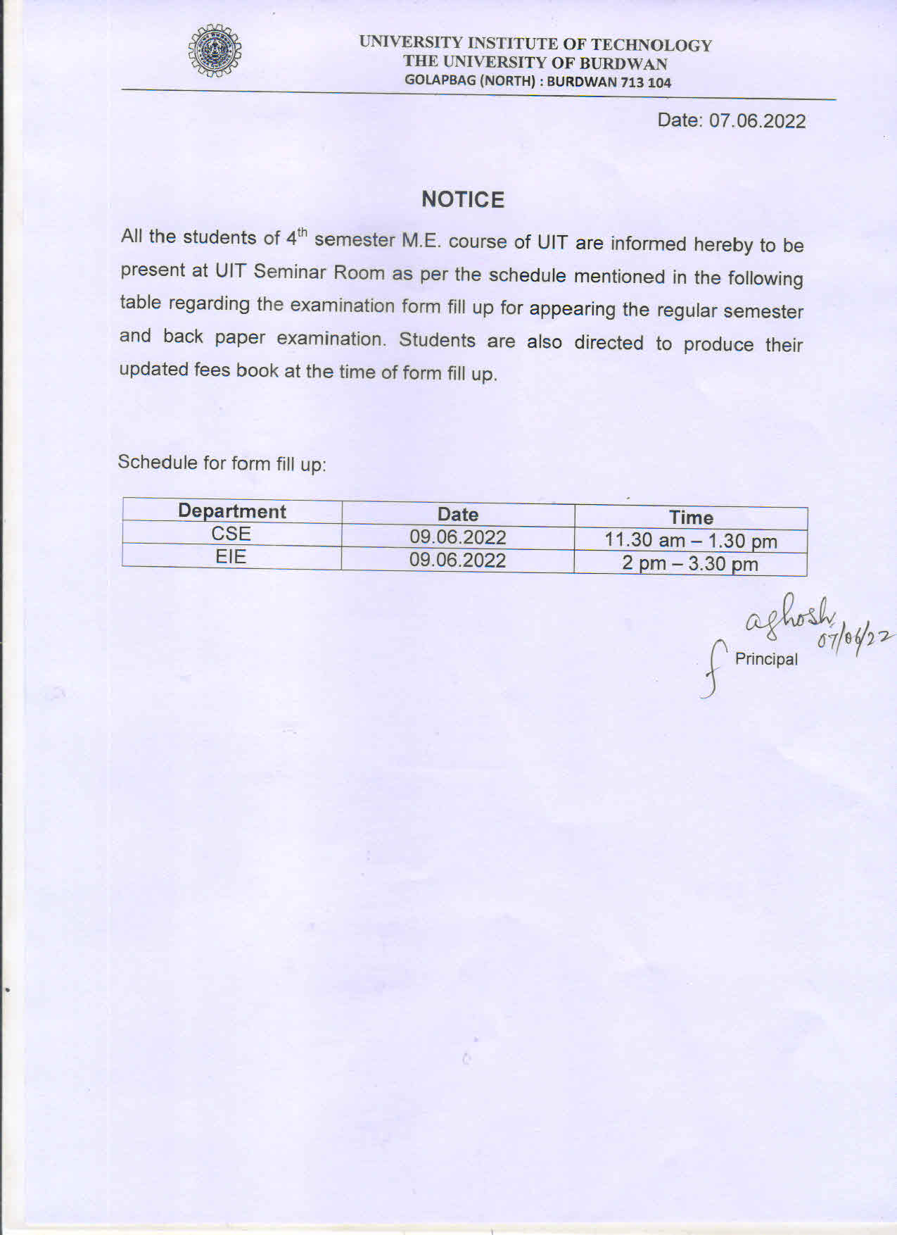 Notice and Circular of the institute - UIT, Burdwan University
